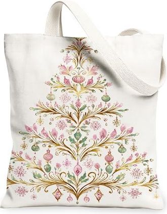 Generic Sacs fourre-tout en toile motif arbre de No&euml;l, design &eacute;l&eacute;gant, sacs &agrave; provisions r&eacute;utilisables, vintage dhiver, toile lavable l&eacute;g&egrave;re F, blanc, 13x15 I