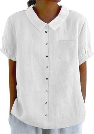 Generic Chemise boutonnée en lin pour femme, col claudine, vêtements mignons, chemisier dété décontracté à manches courtes avec poche, blanc, S