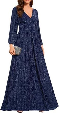 Ever-pretty Robe Longue Femme Chic et Elegant Col V Robe de Soirée Bleu Marine 46