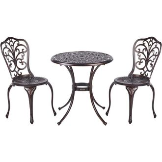 Beliani Balkonset Braun Aluminium 3-Teilig Runder Balkontisch mit 2 St&uuml;hlen Franz&ouml;sischer Vintage Stil Outdoor Balkon Terrasse Garten Ausstattung