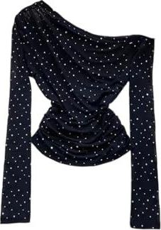 Generic Chemise r&eacute;tro basique &agrave; manches longues en maille &agrave; paillettes pour femme, Noir, L