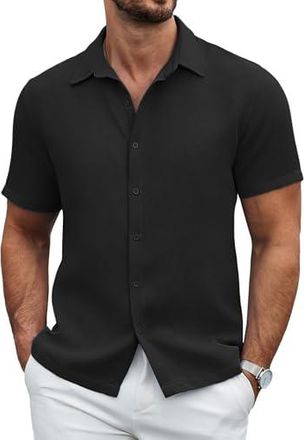Coofandy Chemise gaufr&eacute;e &agrave; manches courtes pour homme - Coupe droite - Chemise d&eacute;t&eacute; d&eacute;contract&eacute;e - Chemise de plage - Couleur unie - Textur&eacute;e, Noir, S