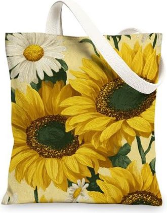 Generic Sacs fourre-tout en toile de tournesol, motif floral élégant, sacs dépicerie réutilisables, chic vintage, léger, lavable, bandoulière C, jaune, 13x15 