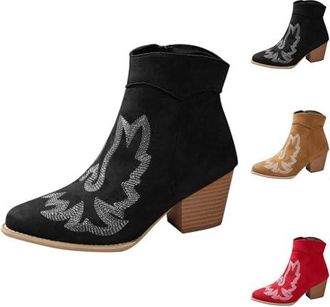Generic Bottines pour femme, bottes de cowgirl occidentales en similicuir su&eacute;d&eacute;, bottes brod&eacute;es polyvalentes, confortables &agrave; talon bloc et fermeture &eacute;clair la