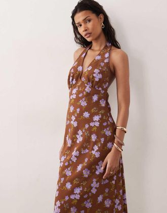 Kiss The Sky Robe longue &agrave; imprim&eacute; fleuri avec dos nu &eacute;chancr&eacute; - Marron/lilas-Brown