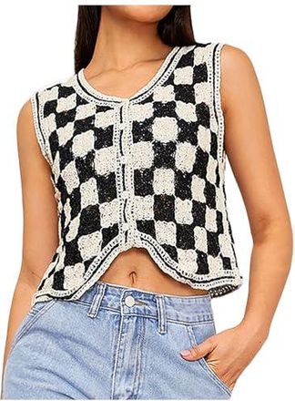 Generic Gilet sans Manche Femme Gilet Femme D&eacute;contract&eacute; Quotidien Ville Carreaux Col V - Pull Boutonn&eacute; sans Manches pour Look Automne Tendance