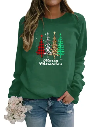Dresswel Damen Weihnachtspullover Merry Christmas Sweatshirt Weihnachtsbaum Druck Xmas Pullover Langarmshirt Bluse