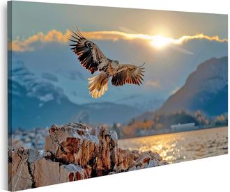 Islandburner Bild auf Leinwand Adler im Sonnenuntergang &uuml;ber dem Bergsee f&uuml;r Wohnzimmer Naturfreunde Massagestudio Bilder Wandbilder Poster