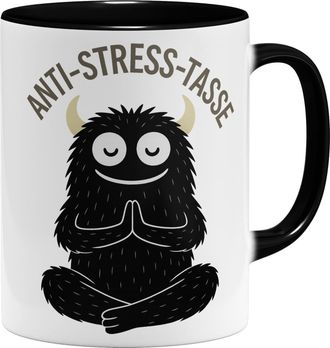 OM3 Monster Anti-Stress Kaffee-Tasse mit Spruch - lustige Keramiktasse Namaste-Motiv - Meditation - Keramik Becher - 325ml - Beidseitig Bedruckt - Schwarz