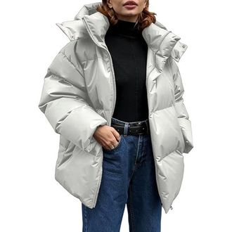 Generic Doudoune courte dhiver &agrave; capuche avec fermeture &eacute;clair pour femme, gris clair, XL