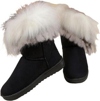 Generic JJDFW Bottes de neige mi-mollet doubl&eacute;es de fourrure en coton pour femme Chaussures plates &agrave; bout rond Semelle en caoutchouc Couleur unie, Noir, 36 1/