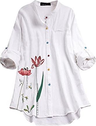 Generic Chemise en lin &eacute;l&eacute;gante pour femme - Chemise d&eacute;t&eacute; &agrave; manches longues - Chemisier long pour femme - &Eacute;l&eacute;gant - Grandes tailles - Chemisier en lin a&eacute;r&eacute; - 