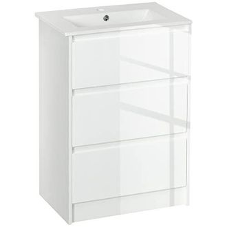 Kleankin Meuble sous-Vasque avec lavabo céramique Meuble Rangement Salle de Bain avec 2 tiroirs 61 x 37 x 88 cm, laqué Blanc Brillant