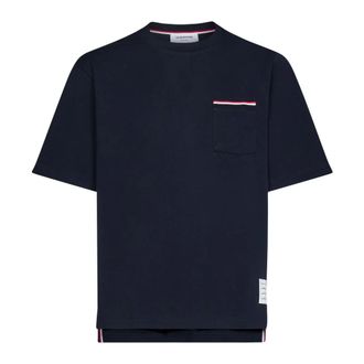 Thom Browne Homme, Tops, Bleu, Taille: XL Navy Blue Striped Detail Cotton T-Shirt