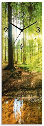 Artland Wanddeko Wanduhr ohne Tickgeräusche Glas Quarzuhr 20x60 cm Rechteckig Lautlos Wald Bach Landschaft Natur Sonne Bäume T9IO