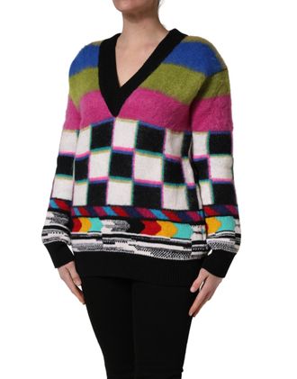 Dolce & Gabbana Womens Multicolor Striped & Checkered Sweater Nylon Mohair Wool