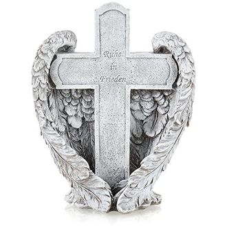 Com-Four d&eacute;coration fun&eacute;raire Croix avec Ailes dAnge et Inscription - Pierre comm&eacute;morative r&eacute;sistante aux intemp&eacute;ries - Ornement de deuil &eacute;l&eacute;gant avec Texte de