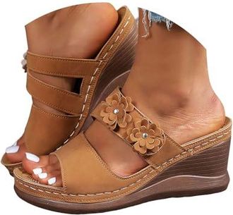 Generic Sandales compens&eacute;es orthop&eacute;diques pour femme 2025 - Sandales d&eacute;t&eacute; habill&eacute;es en li&egrave;ge - Bout ouvert - Sangle de cheville - Style boh&egrave;me - Confortables 