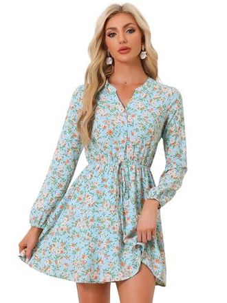 Allegra K Femmes Robe Chemise Vintage Imprim&eacute; Floral Col V Boutonn&eacute; Taille &Eacute;lastique Bleu Clair S