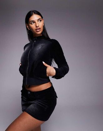 Juicy Couture Vintage-Motorradjacke in verwaschenem Schwarz mit Knitterstruktur, Kombiteil