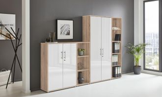 BMG Möbel Schrankwand Office Edition abschliessbarer Aktenschrank Büroschrank Büromöbel Regal in Eiche Sonoma/Weiß Hochglanz (Set 4)