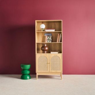 Sweeek Etag&egrave;re biblioth&egrave;que d&eacute;cor bois et cannage 4 niveaux 2 portes teinte naturelle - 80 x 40 x 178 cm - Judith