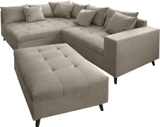 Mørteens home24 Ecksofa PRUNO mit Hocker Grau/Cappuccino Webstoff Ondria 247 x 80 x 174cm Ottomane davorstehend links Modern
