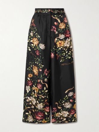 Agua Bendita Pantalon Large En Serge De Soie &Agrave; Imprim&eacute; Fleuri Tota Paramo - Noir