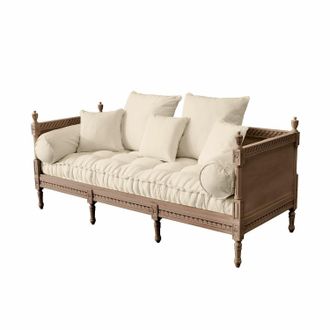 Loberon Sofa Douville, ornamentale Schnitzereien, Kissenbezüge wasch- & abnehmbar, schöne Abschlussknäufe, Couch, Sitzmöbel, Polyester, Leinen, Mangoholz, ant