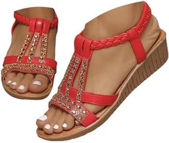 Onsoyours Sandale Femme Compensees Été Mode Élégance Mules Sandales Bout Ouvert Rome Strass Bride Cheville Chaussures pour Plage Vacances B Rouge 38 EU