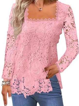 TOMWELL Femme Tee Shirt Dentelle Couleur Unie Manches Longues Loisirs Dété Chemisier en Dentelle Blouse Décontracté en Dentelle Tops Chemisiers B Rose 3XL