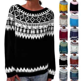 Generic Pull tricot&eacute; r&eacute;tro &agrave; col rond pour femme - Pull jacquard pour femme - Coton - Pull dautomne surdimensionn&eacute; &agrave; manches longues - Pull dhiver chaud et l&eacute;