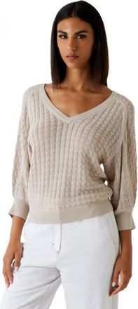Guess Femme, Pulls, Beige, Taille: 40 FR Pull en maille &agrave; col en V
