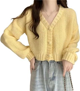 Generic Cardigan fin &agrave; col en V boutonn&eacute; d&eacute;contract&eacute; pour femme, Jaune, taille unique