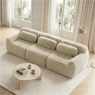 Generic Modernes 2-Sitzer-Sofa, modulares Sofa, rutschfeste Basis, mit 2 Kissen, extra breite ergonomische Armlehnen,for Lesen und Arbeiten(Caqui Claro+Peluch
