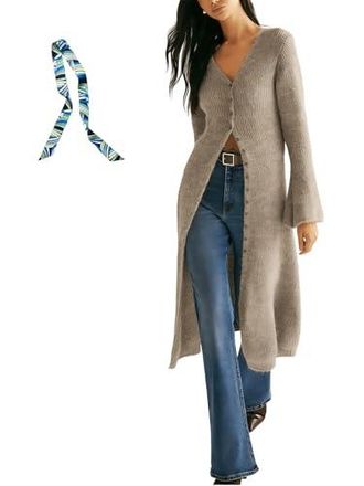 Generic Cardigan long &eacute;l&eacute;gant pour femme, col en V boutonn&eacute; en tricot &eacute;pais, cardigan &agrave; manches longues boutonn&eacute;, kaki, XL