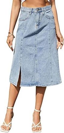 Lazutom Jupe &eacute;vas&eacute;e en jean taille haute pour femme avec fente lat&eacute;rale, bleu, 44