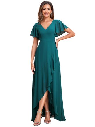 Ever-pretty Damen Cocktailkleider V-Ausschnitt Asymmetrisch BodenKurze Ärmel Chiffon Rückenfrei Elegant Blaugrün 38