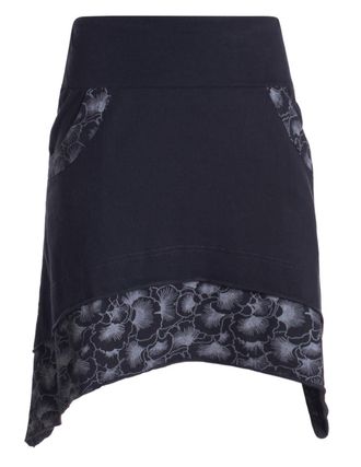 vishes Alternative Bekleidung - Damen mini Rock Baumwolle Blumen-Muster extra breiter Bund mit Kordel-Zug und Taschen schwarz 38
