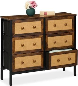 Relaxdays Commode à 6 tiroirs, Aspect rotin, pour Chambre, Couloir, Salon, HLP : 83x100x32 cm, métal, Marron/Noir