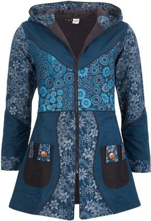 Kunst und Magie Langjacke Kunst und Magie Damenmantel + Kapuze Blumenmuster Jacke Baumwolle Boho