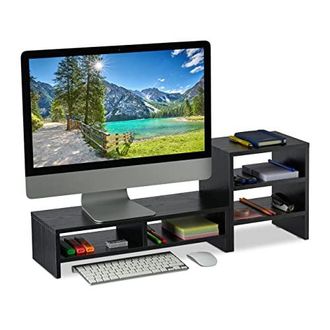 Relaxdays Monitorst&auml;nder mit Ablagen, 2 Teile, Organizer, Laptopablage f&uuml;r Schreibtisch, Desktoperh&ouml;hung B&uuml;ro, schwarz, 1 St&uuml;ck