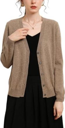 Dissa Cardigan Cachemire Femme Marron Col V Boutons Tricoté en Vrac Manches Longues Fin Pull en Cachemire et Laine,EU 36,MZ2435
