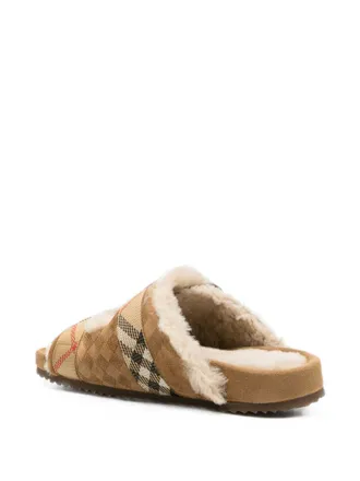 Burberry Shearling-Trim Check Sandal - Beige