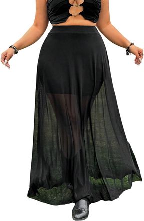 SOLY HUX Damen Mesh Rock Lang Maxirock 2 in 1 Maxi R&ouml;cke Partyrock Meshrock Hohe Taille Freizeitrock A Linie Tanzrock Herbst Festival Outfit Schwarz 2XL