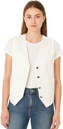 Lazutom Gilet sans manches en jean avec col en V et boutons pour femme, blanc, 40