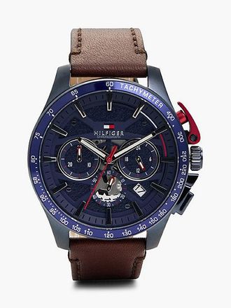 Tommy Hilfiger Chronographe &agrave; cadran bleu et bracelet en cuir marron