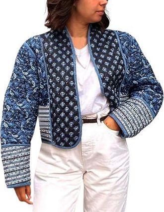 Generic 2026 Vestes pour femmes, cardigan, imprim&eacute; floral, l&eacute;ger, ouvert sur le devant, manteau matelass&eacute;, bleu, L