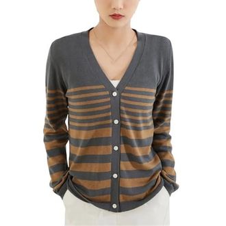 Generic Cardigan dhiver en tricot 100 % coton pour femme avec col en V ray&eacute; couleur contrast&eacute;e, Rayures gris camel, Taille M