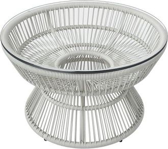 OUTSUNNY Table Basse de Jardin Ronde, Table dappoint en r&eacute;sine Aspect rotin et Plateau Verre tremp&eacute; &Oslash;60 x 37H cm Gris Clair